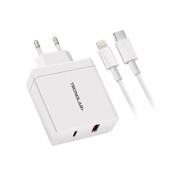 CARGADOR RAPIDO USB/USB-C + CABLE TIPO-C A LIGHTNING TL469 TECNOLAB - Fotosol